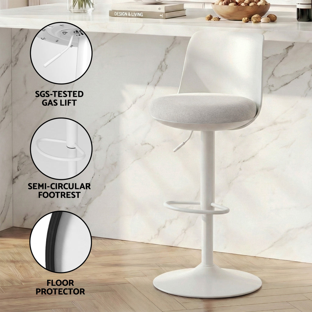 2x Bar Stools Kitchen Swivel Gas Lift Counter Dining Chair Curved Whit