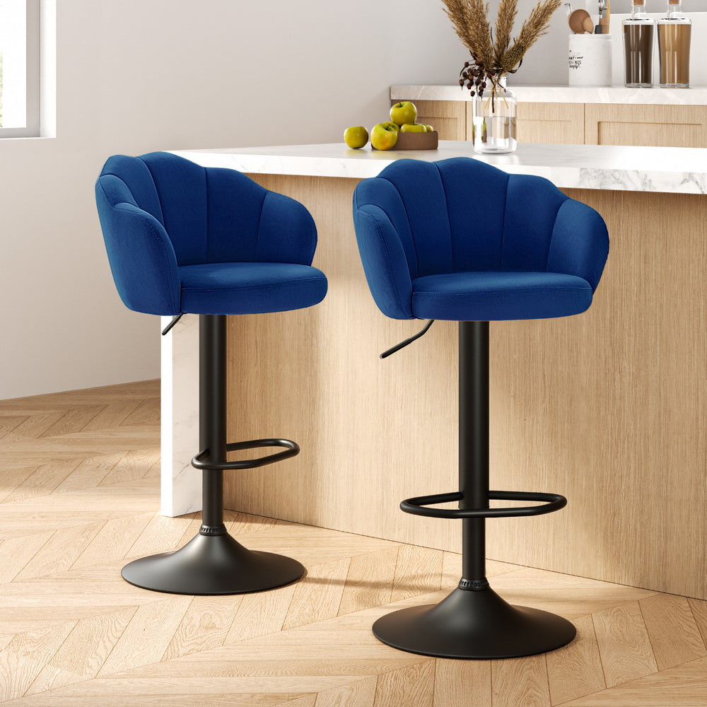 Set of 2 Selene Velvet Clam Style Swivel Bar Stools – Blue