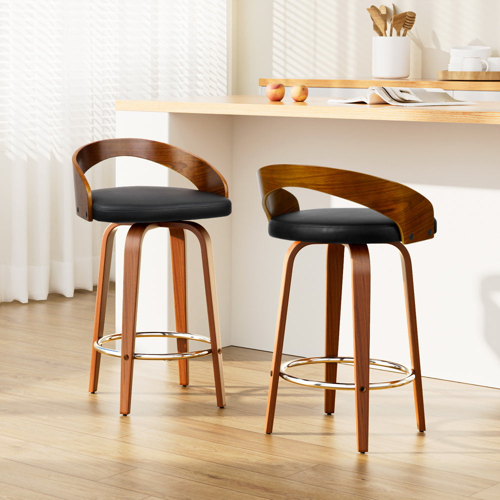 Set of 2 Bexley Walnut Wooden Swivel Bar Stools – Black